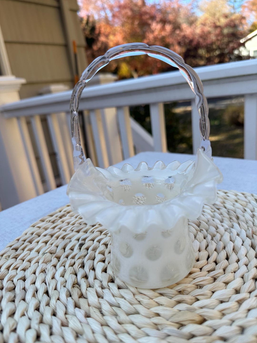 Vintage Fenton Glass Coin Dot Top Hat Basket With Thumbprint Fluted ...