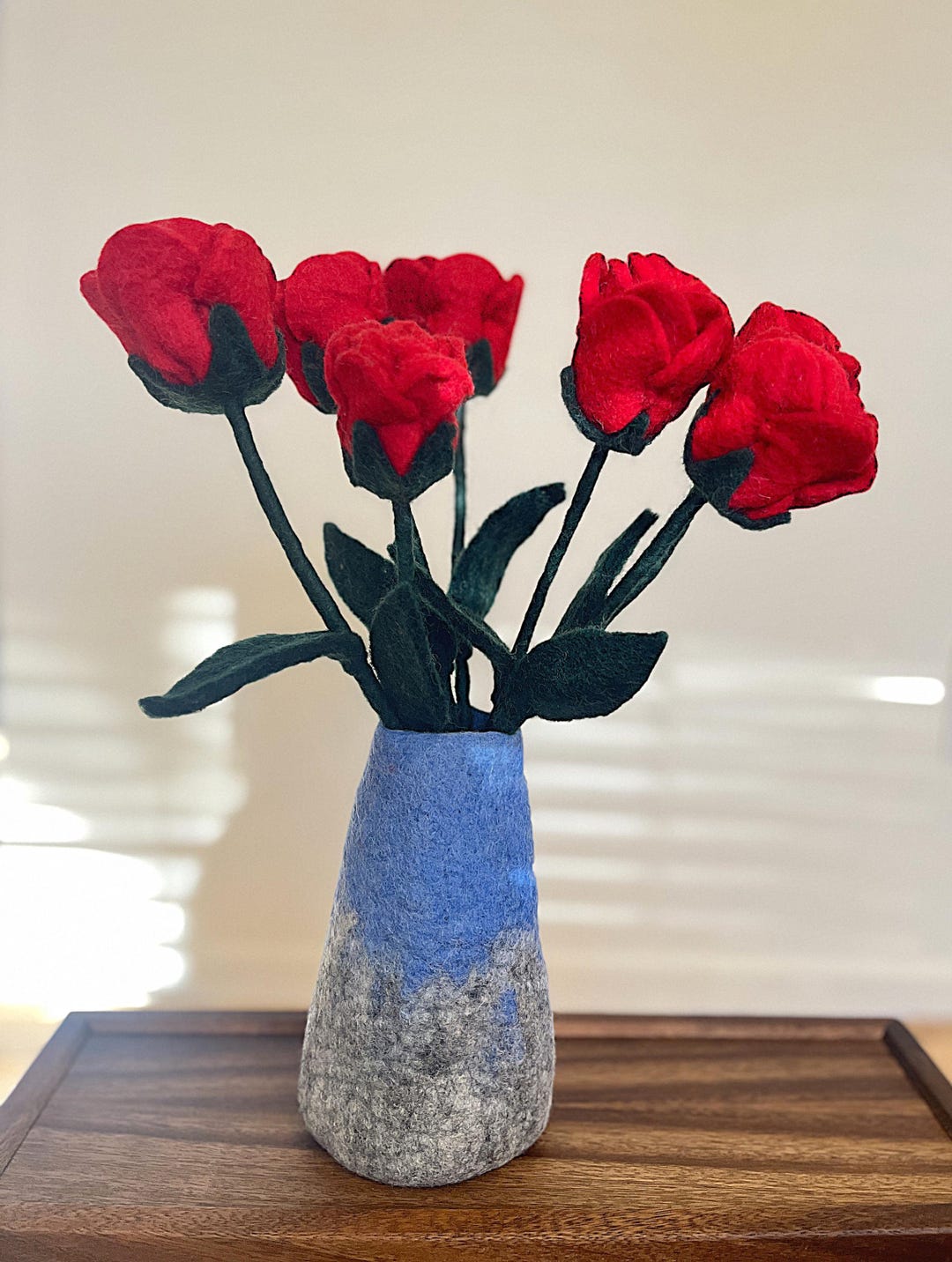 Wool Felt Red Roses With Felted Vase - Everlasting Floral Decor - Etsy