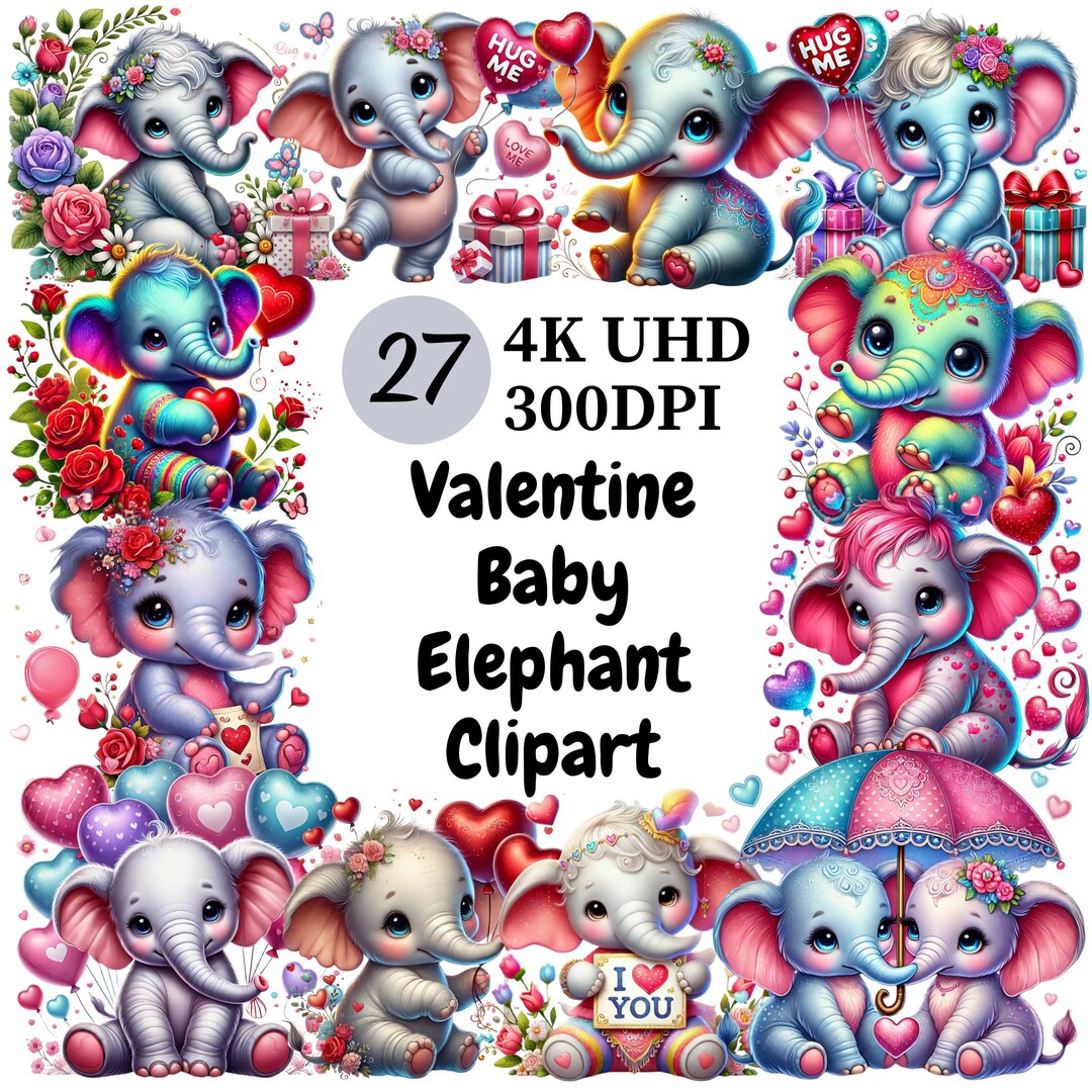 Valentine Baby Elephant Clipart - 27 PNG, Cute Heart Balloon Elephants ...