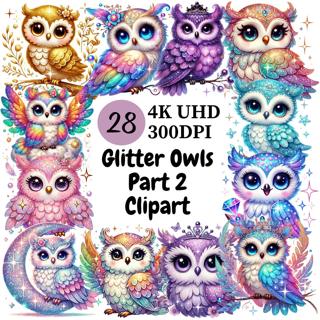 Glitter Owls Clipart: 28 Sparkly PNG Images (digital Download) - Etsy