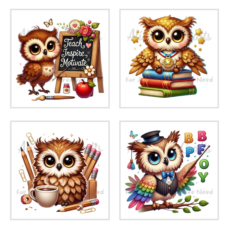 Teacher Owls Clipart: 31 PNG Educational Illustrations (digital ...