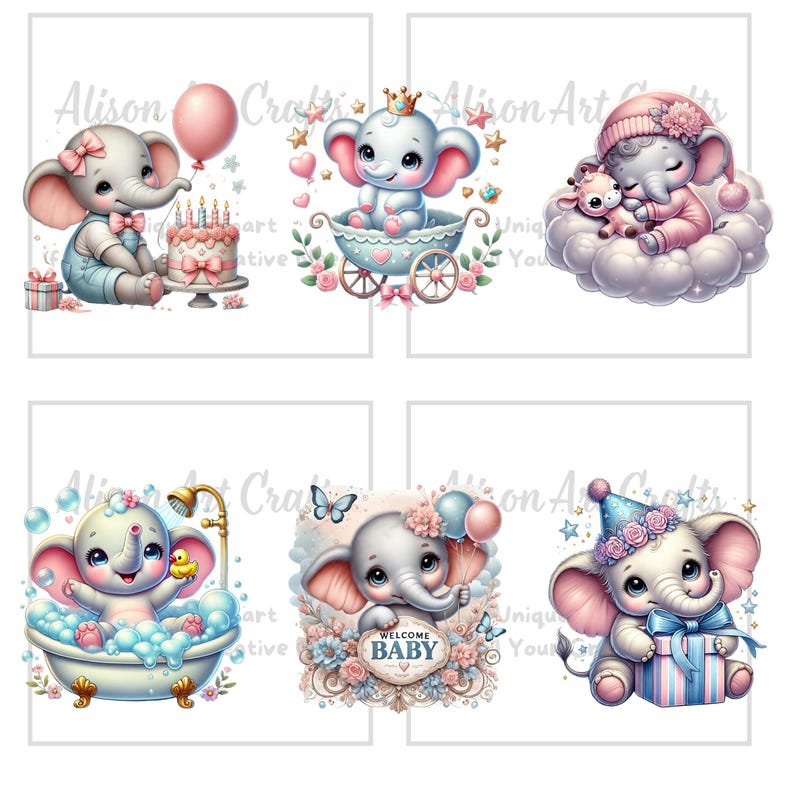 Baby Elephant Clipart: 33 Pastel PNG Images (digital Download) - Etsy
