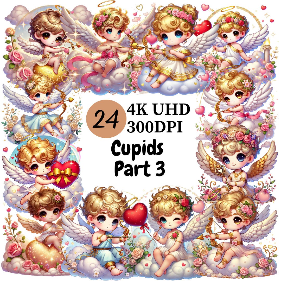 Cute Cupids Clipart(p3)- 24PNG, Adorable Cupid Designs With Hearts ...