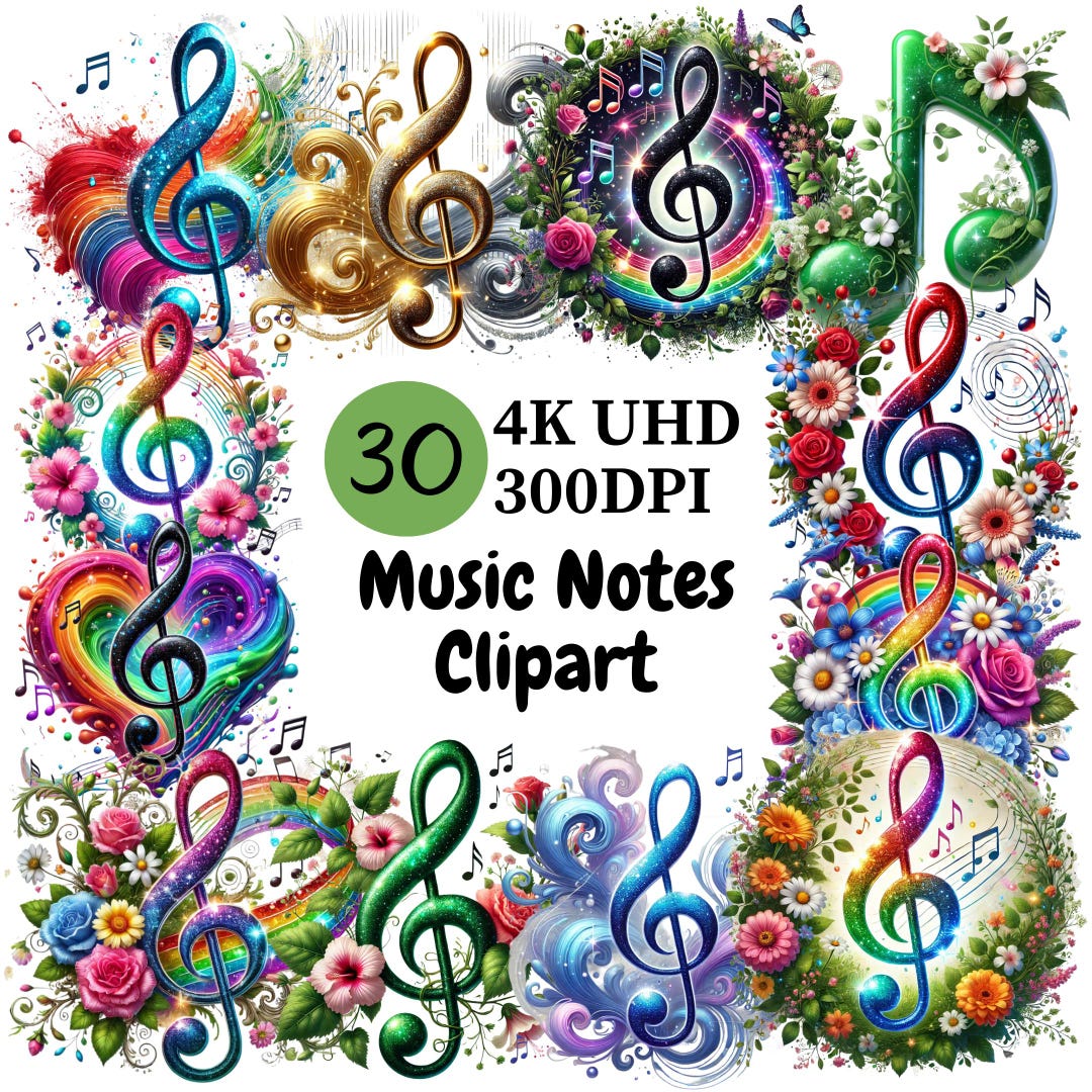 Colorful Music Notes Clipart: PNG Treble Clef Graphics (digital ...