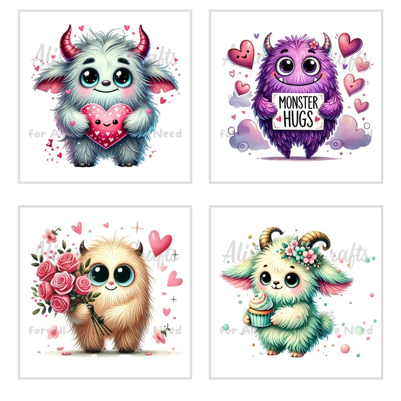 Cute Valentines Monsters Clipart - 30 PNG, Adorable Monster With Hearts ...