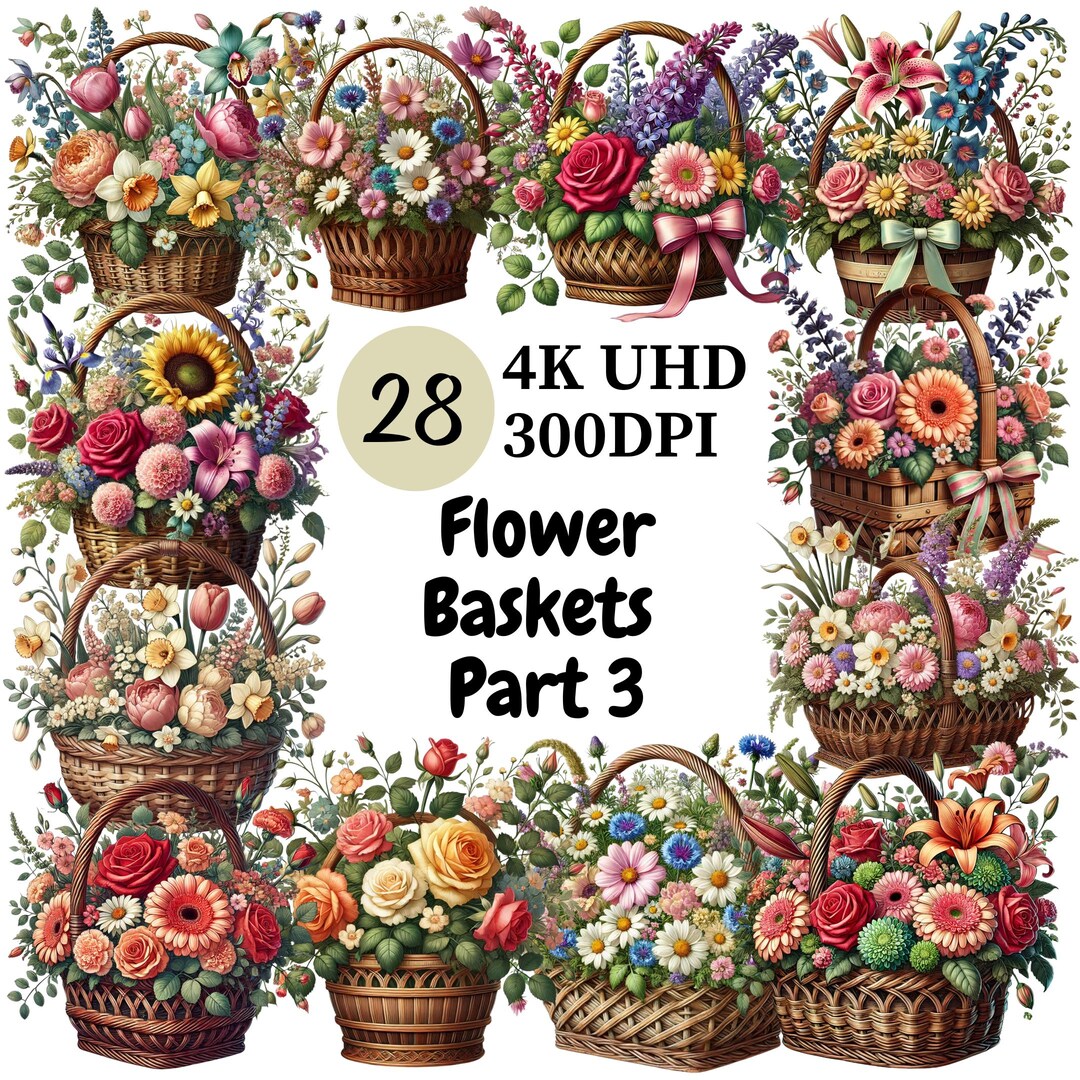 Flower Baskets Clipart (P3) - 28PNG, Vibrant Floral Arrangements ...