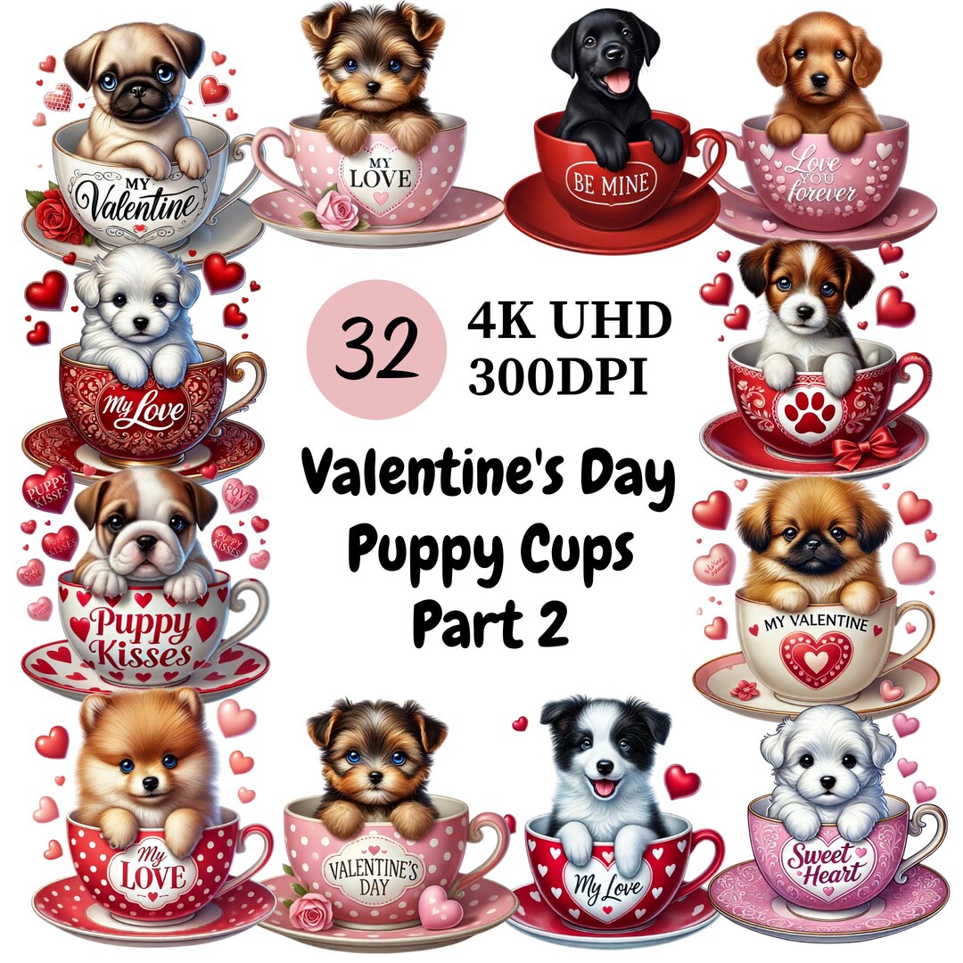 Valentine's Day Puppy Cup Clipart (P2) - 32pcs, Cute Puppy, Dog Graphic ...