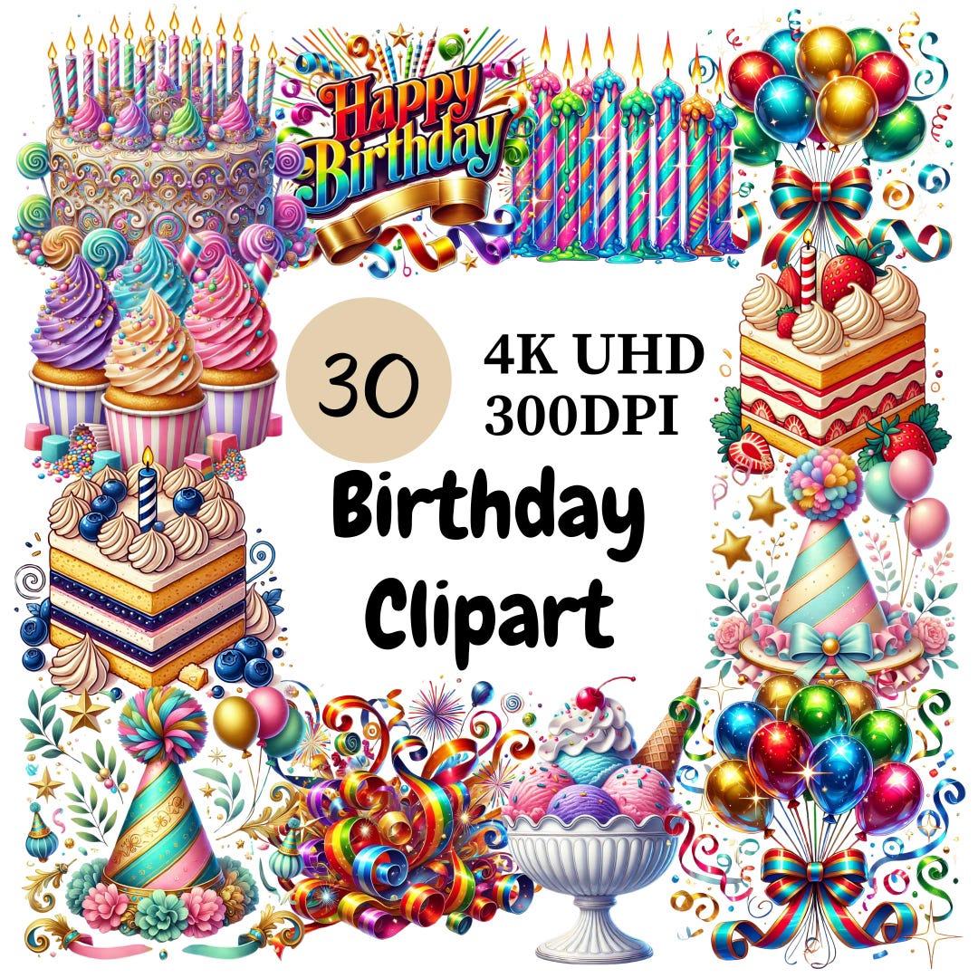 Birthday Clipart Set - 30 PNG, Festive Party Graphics, Balloons, Cakes ...