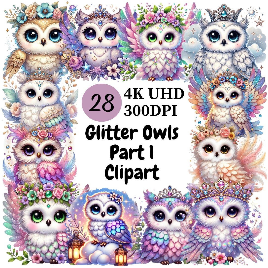 Glitter Owls Clipart (P1) – 28 PNG, Cute and Sparkly Owl With Beautiful ...