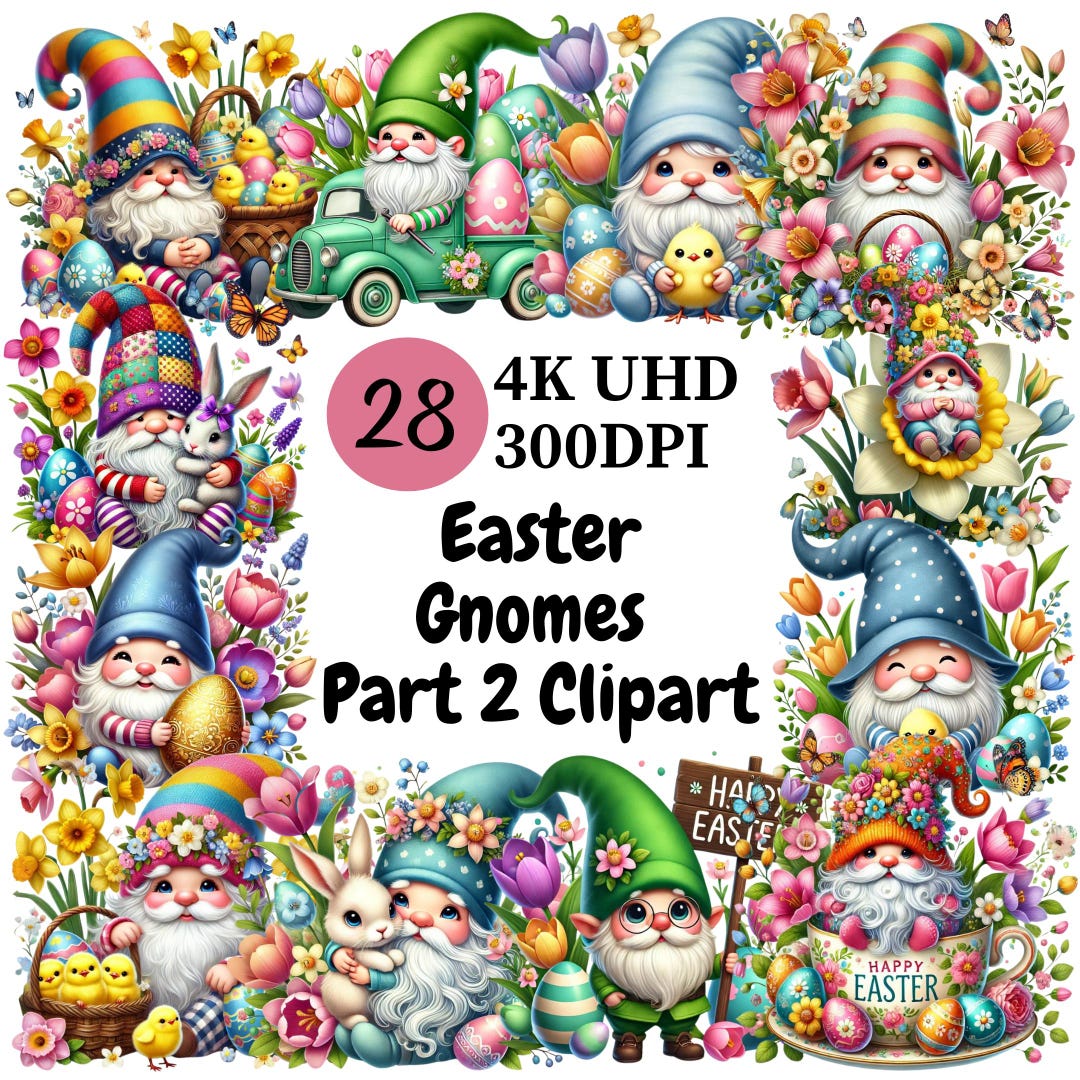 Easter Gnomes Clipart: Spring Flowers, Eggs, 28 PNG (digital Download ...