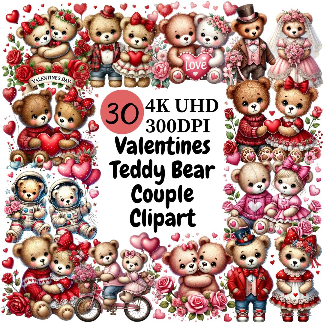 Valentines Teddy Bear Couple Clipart 30PNG, Charming and Whimsical Bear ...