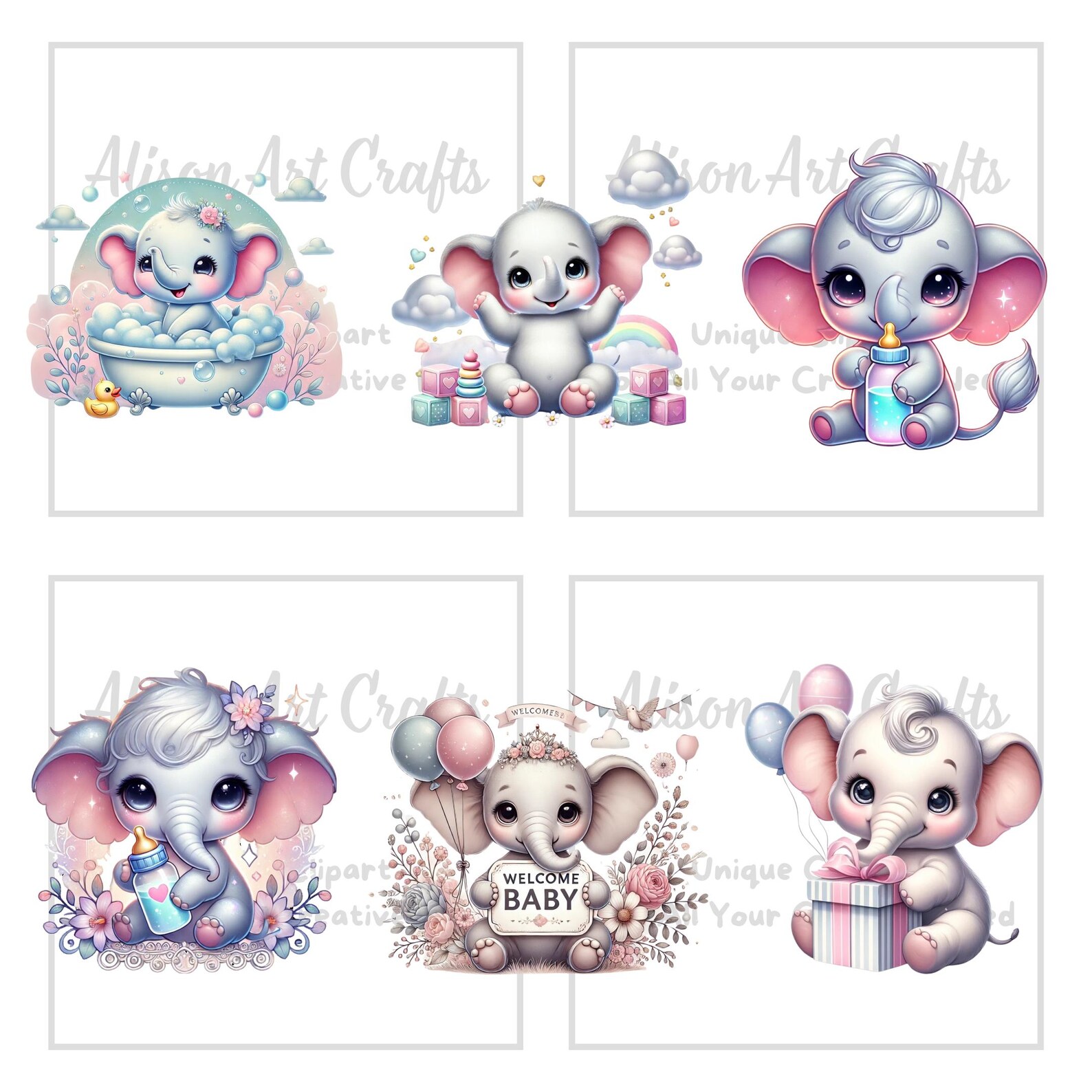 Baby Elephant Clipart: 33 Pastel PNG Images (digital Download) - Etsy