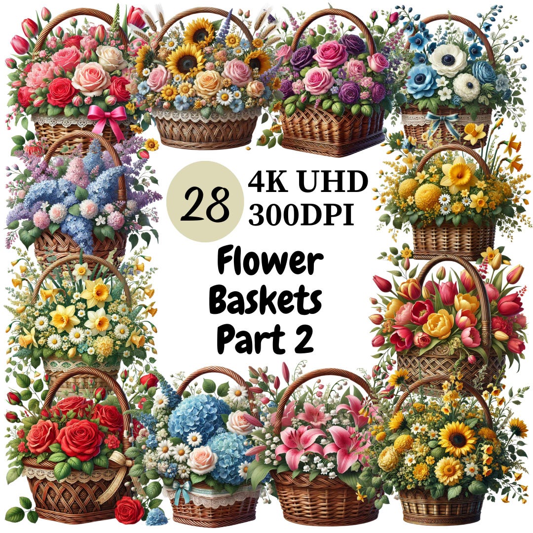 Floral Basket Clipart: Colorful Flower Arrangements (28 PNG) (digital ...