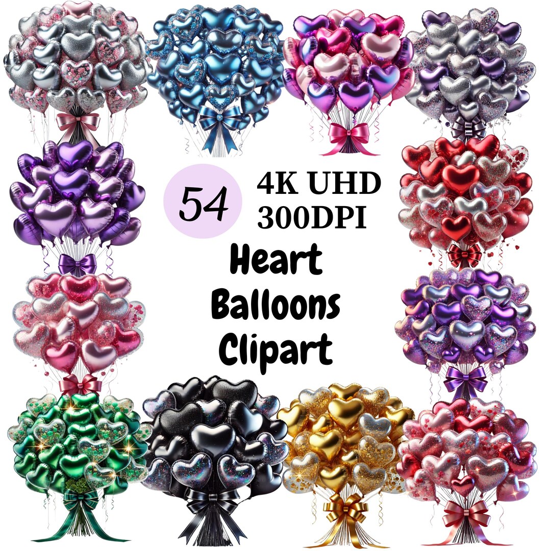 Heart Balloons Clipart: 54 PNG Graphics, Wedding & Party Decor (digital ...