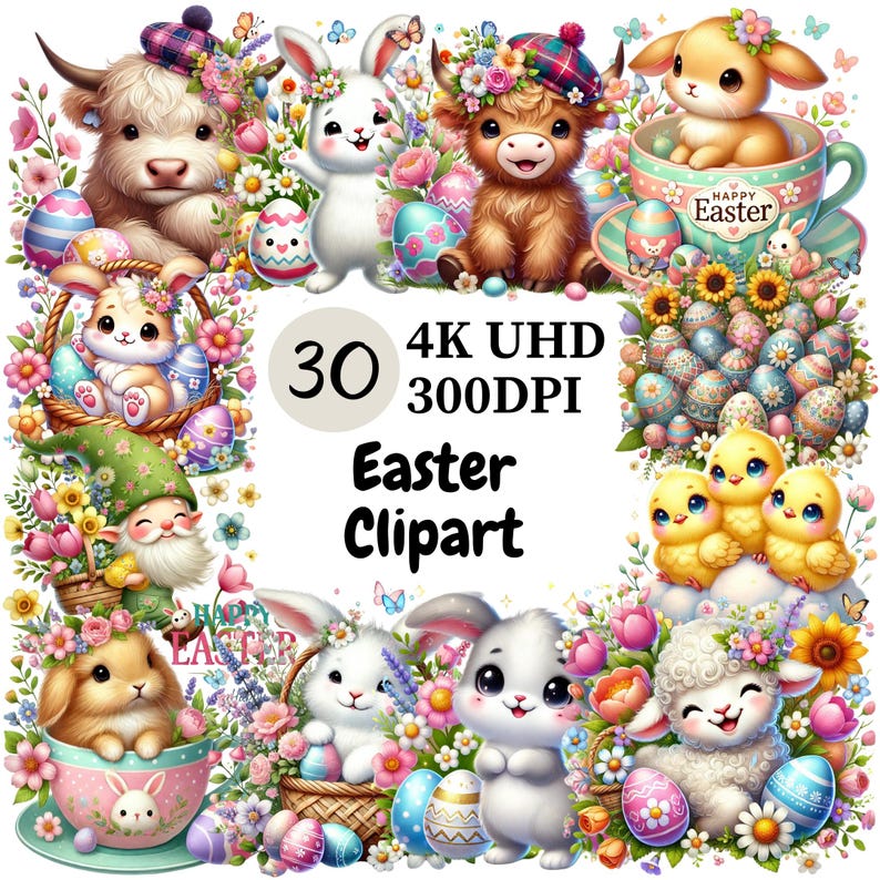 Easter Clipart - 30 PNG, Cute Bunnies, Colorful Easter Eggs, Spring ...