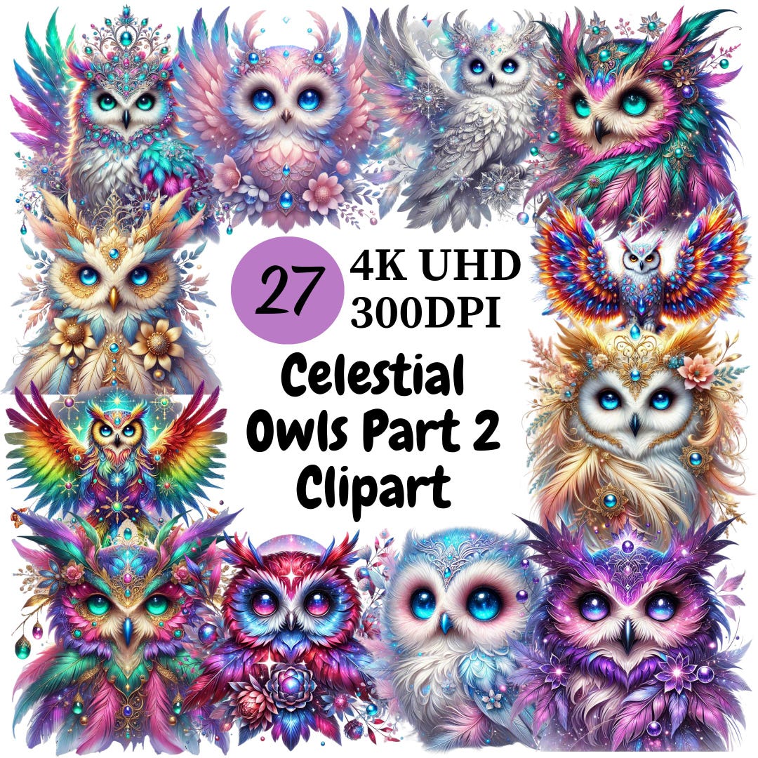 Celestial Owls Clipart (P2) - 27 PNG, Mystical and Starry Owls Under ...