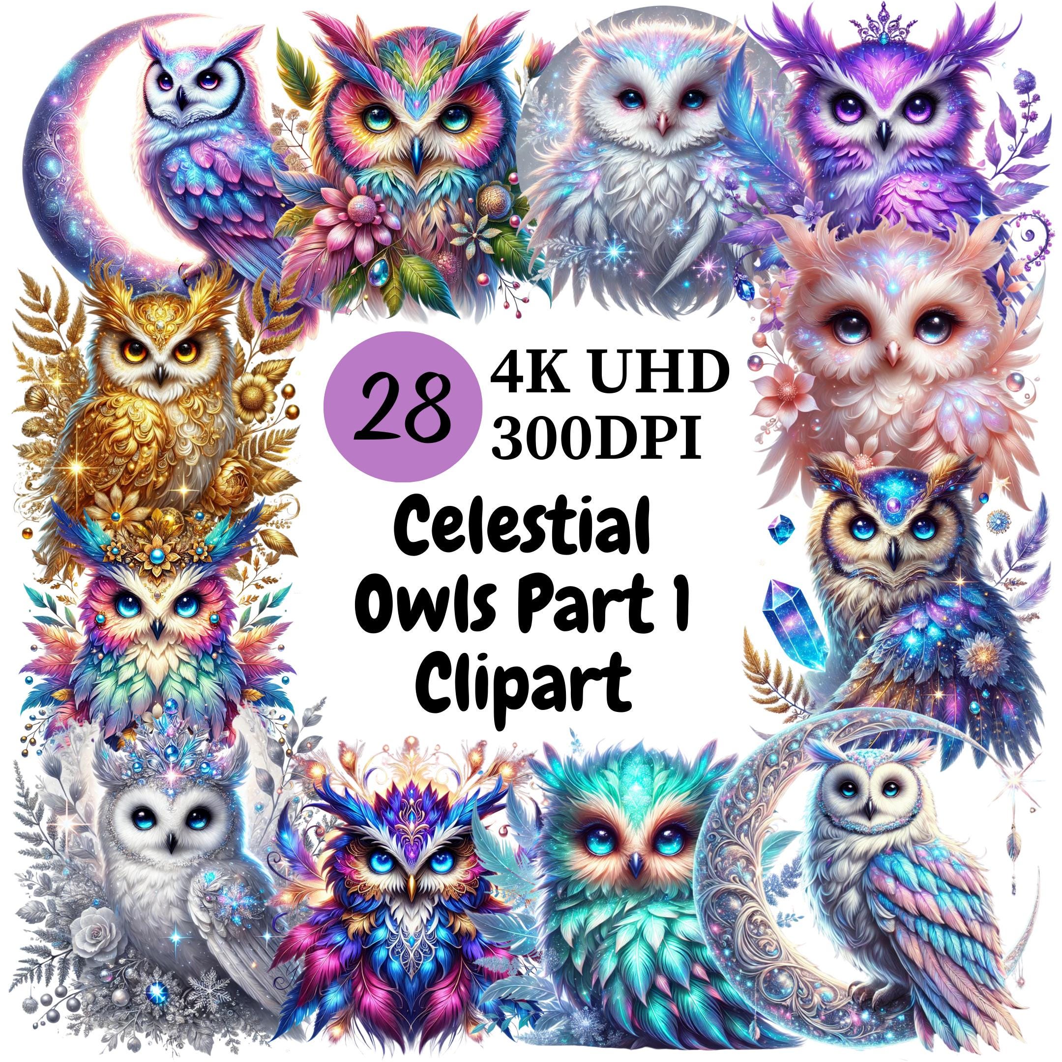 Celestial Owls Clipart (P1) - 28 PNG, Mystical and Starry Owls Under ...