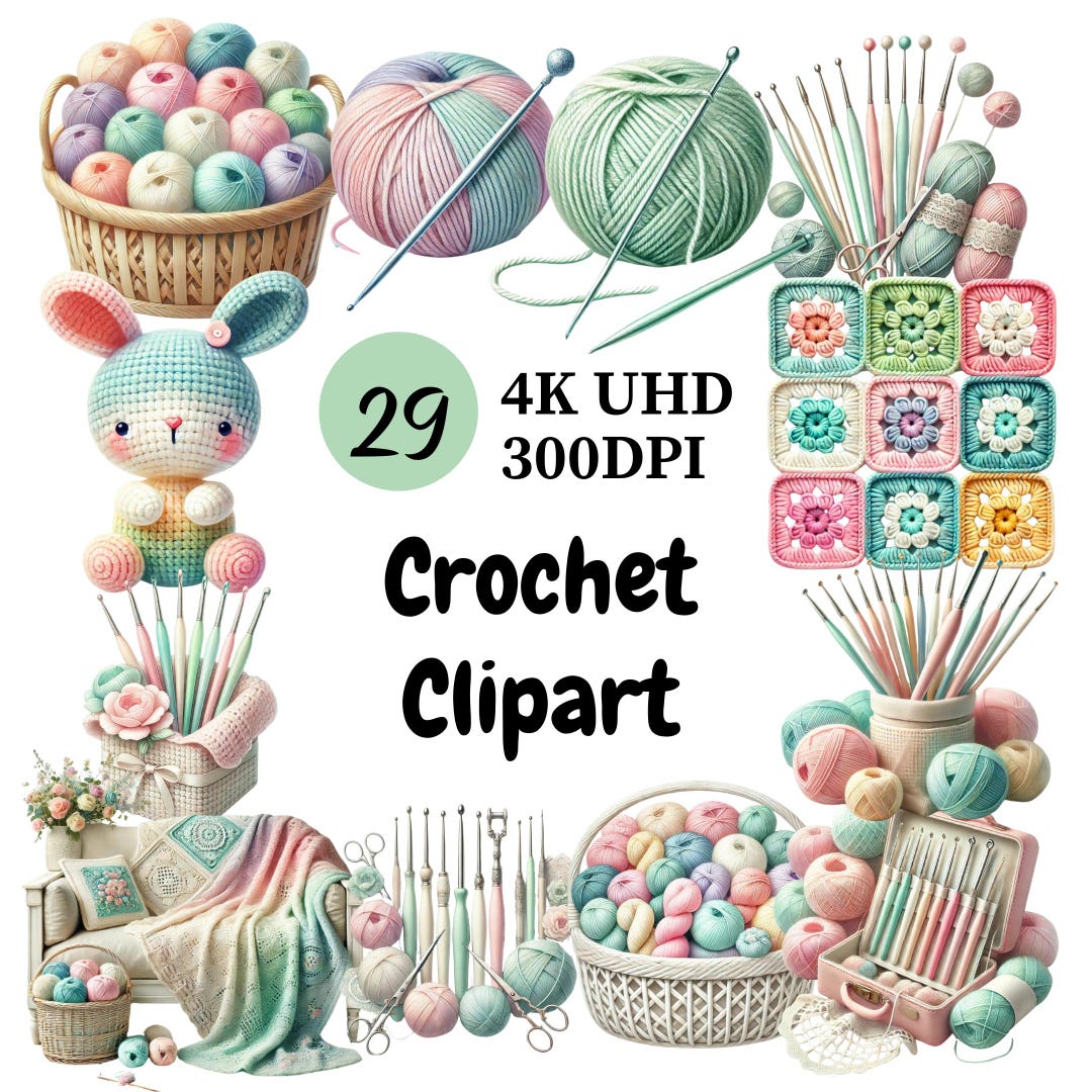 Crochet Clipart Set - 29 PNG, Colorful Yarn Balls, Crochet Hooks ...