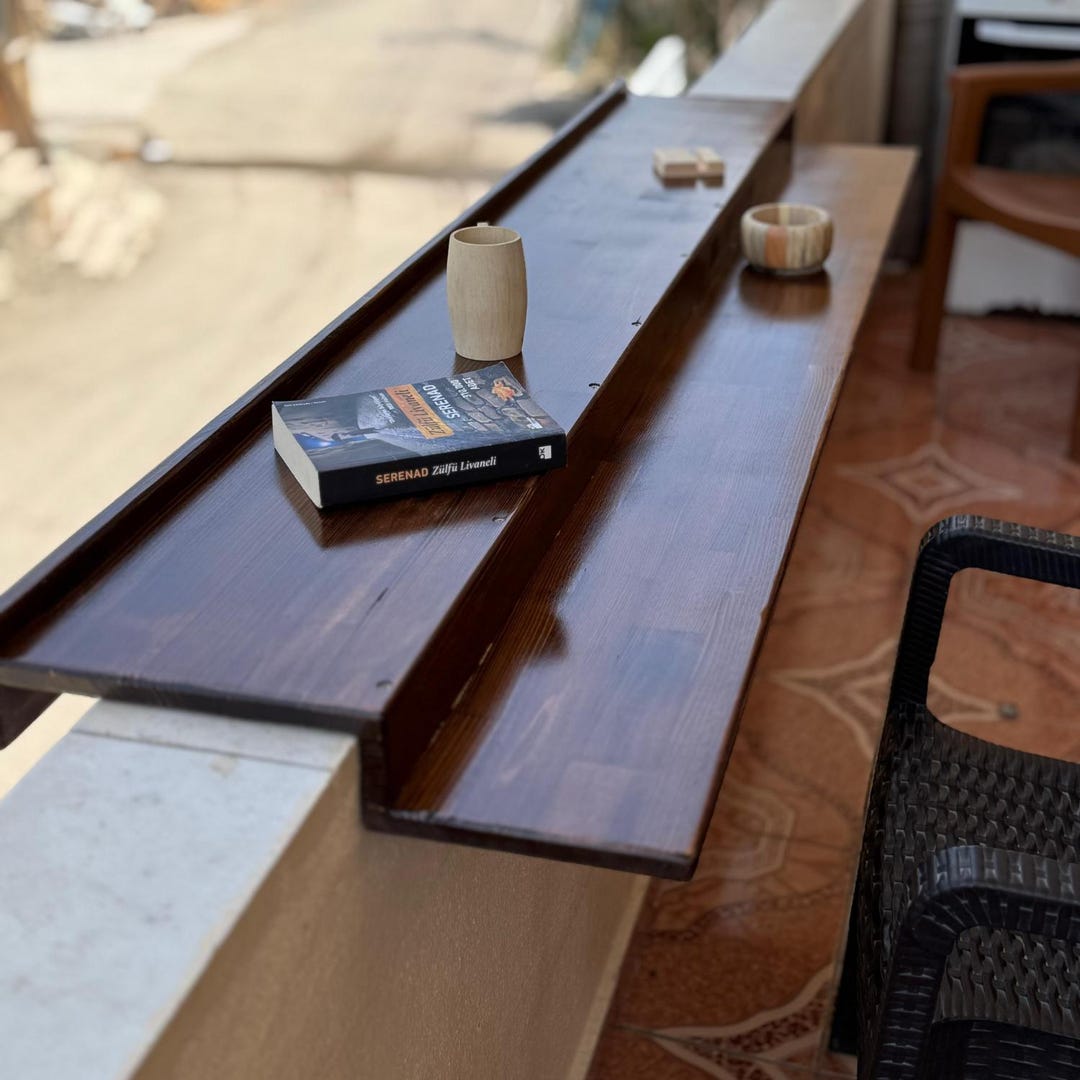 Handmade Dark Walnut Balcony Bar Table, Rail Mounted Patio Coffee Shelf ...