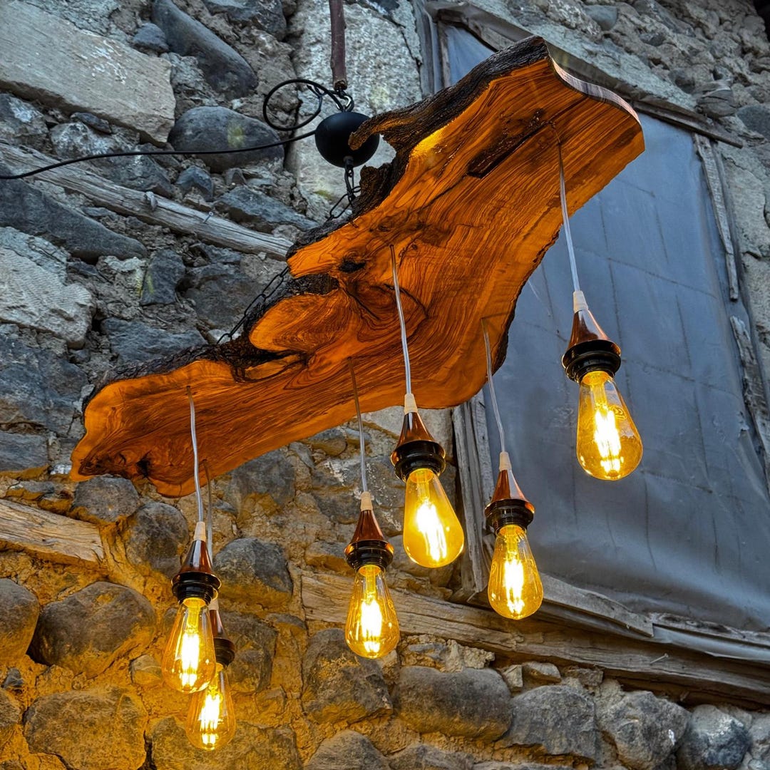 Live Edge Olive Wood Chandelier, Large Dining Room Ceiling Lamp, Rustic ...