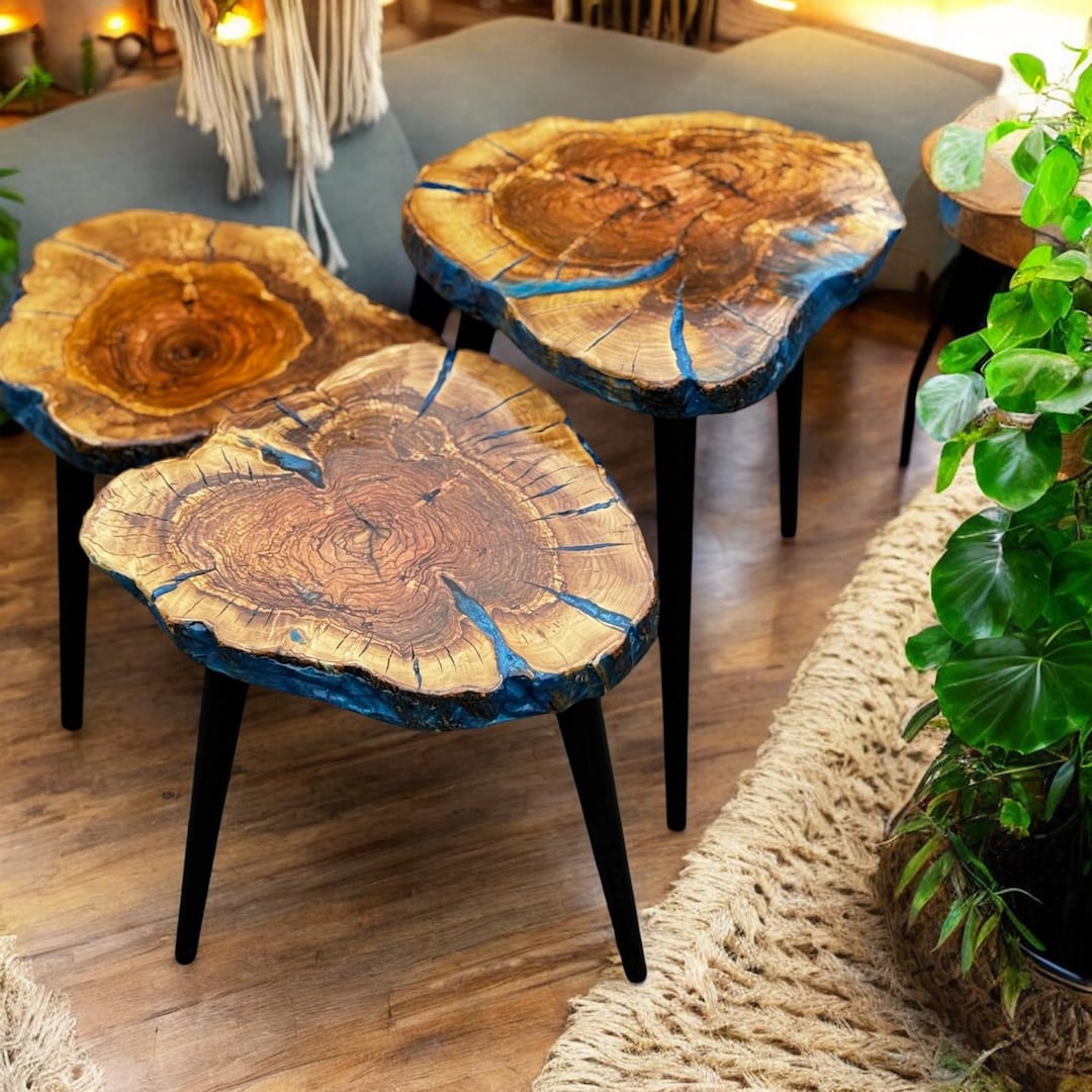 Olive Wood Epoxy Side Table Set, Handmade Blue Resin Nesting Tables ...