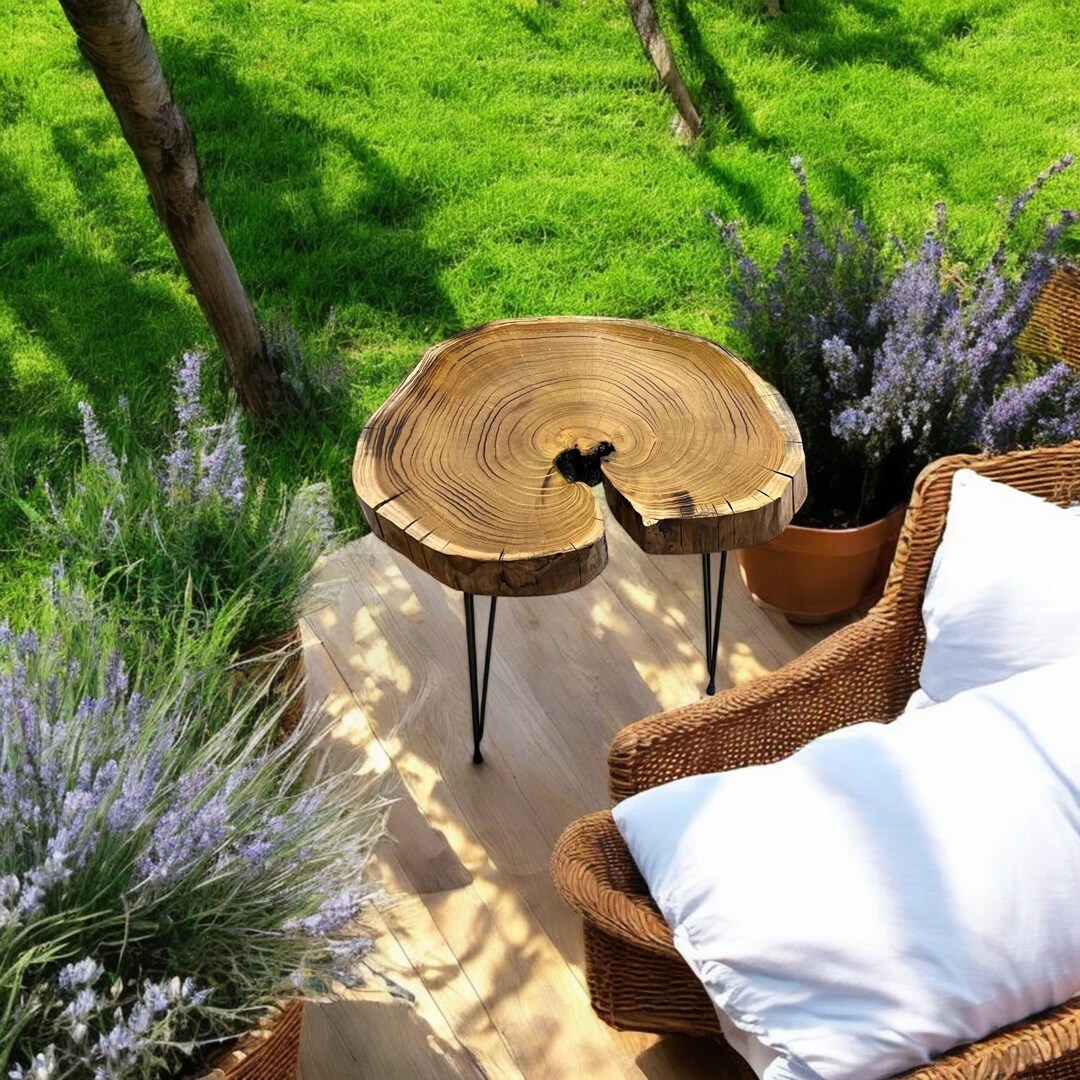 Live Edge Wood Side Table With Hairpin Leg, Natural Tree Slab End Table ...