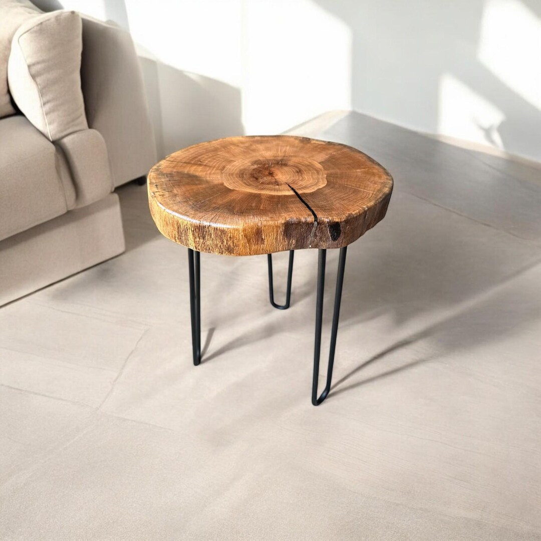 Rustic Wood Side Table, Handmade Tree Slice End Table With Metal Legs ...