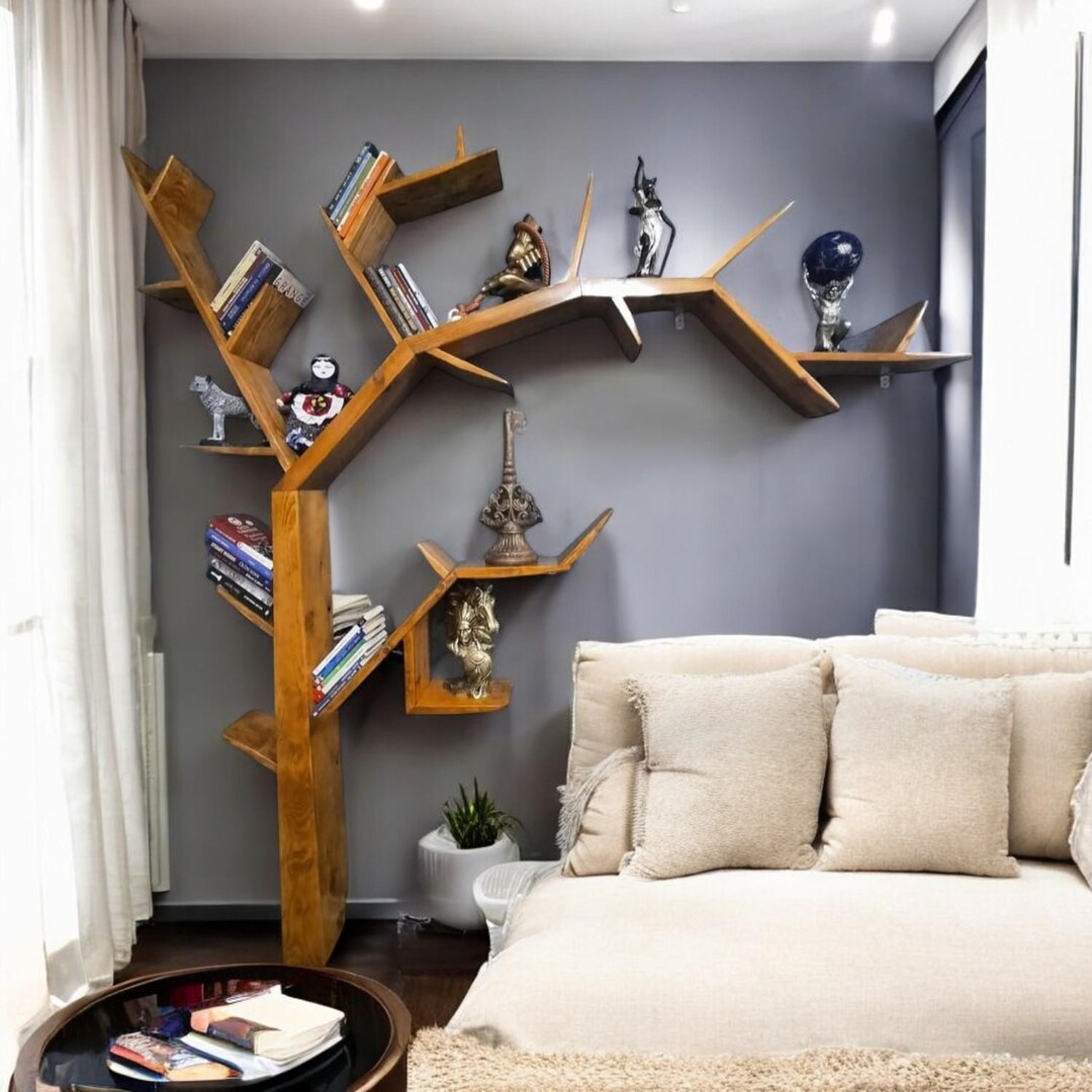 Handmade Tree Branch Bookshelf, Wooden Wall Mounted Tree Shelf, Unique ...