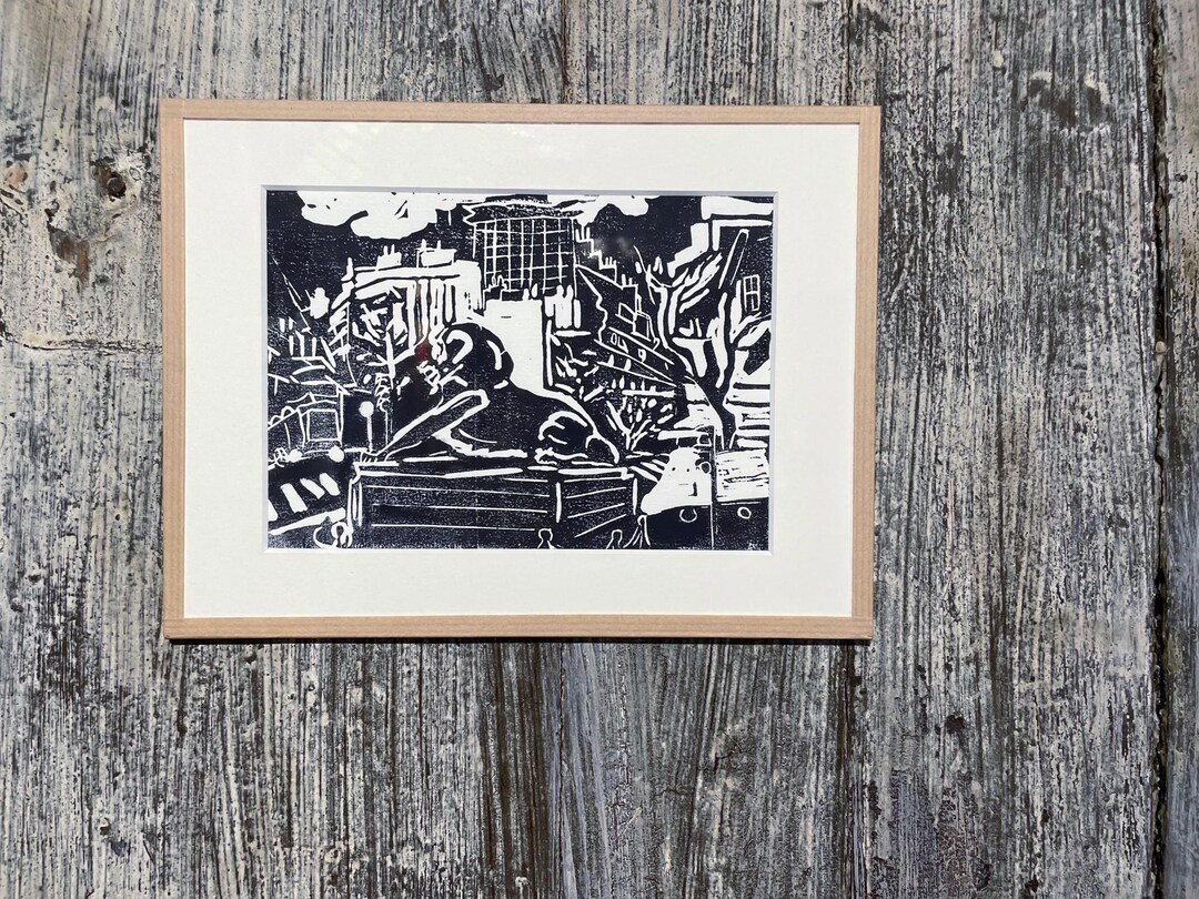 Original Linocut of Paris - the Lion of Belfort, Denfert and Bone ...