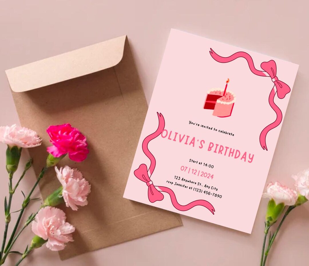 Pink Bow Printable Invitation Template Canva Digital Trendy Party - Etsy