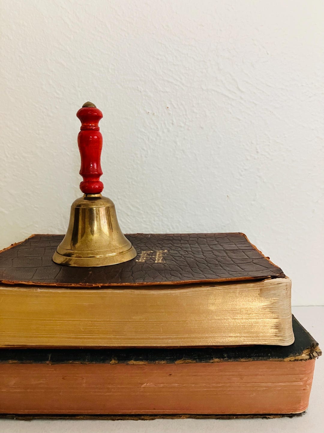 Vintage Solid Brass Bell Hand-held School-master Style Red Wood Handle ...