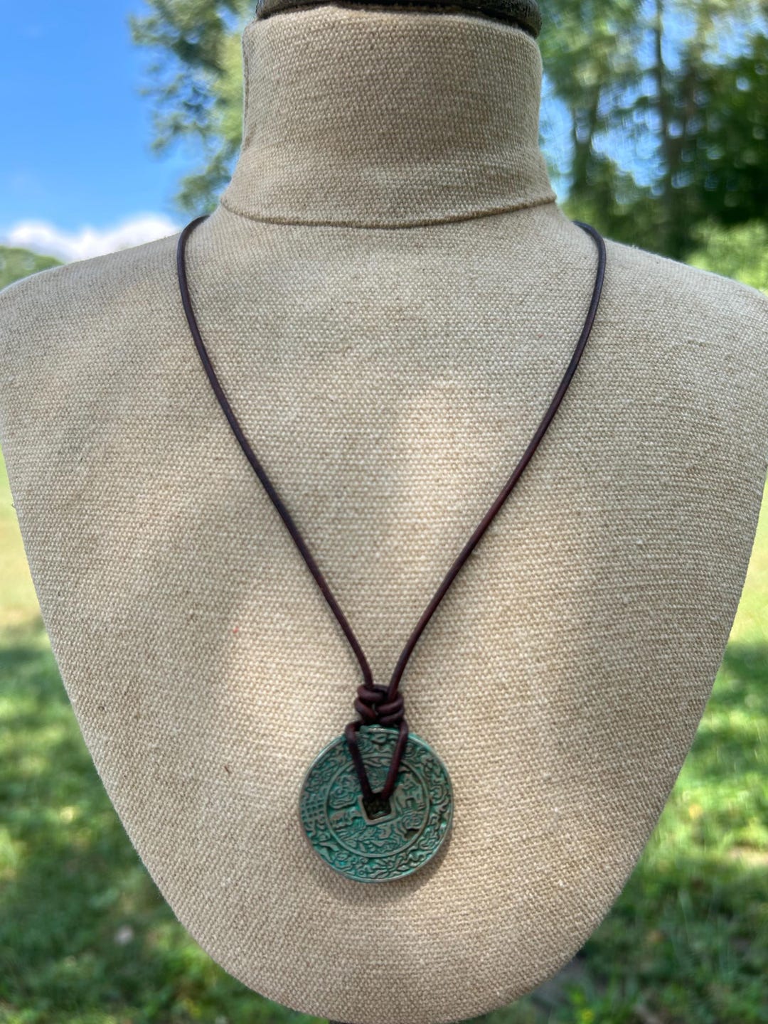Feng Shui Coin Necklace: Verdigris Antique Wash, Leather Cord - Etsy