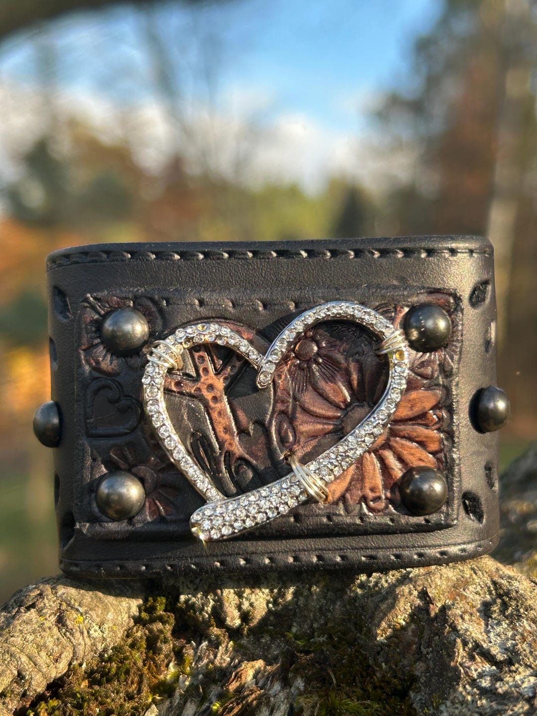 Bling Heart Leather Cuff Bracelet, Adjustable Tooled Veg Tan - Etsy