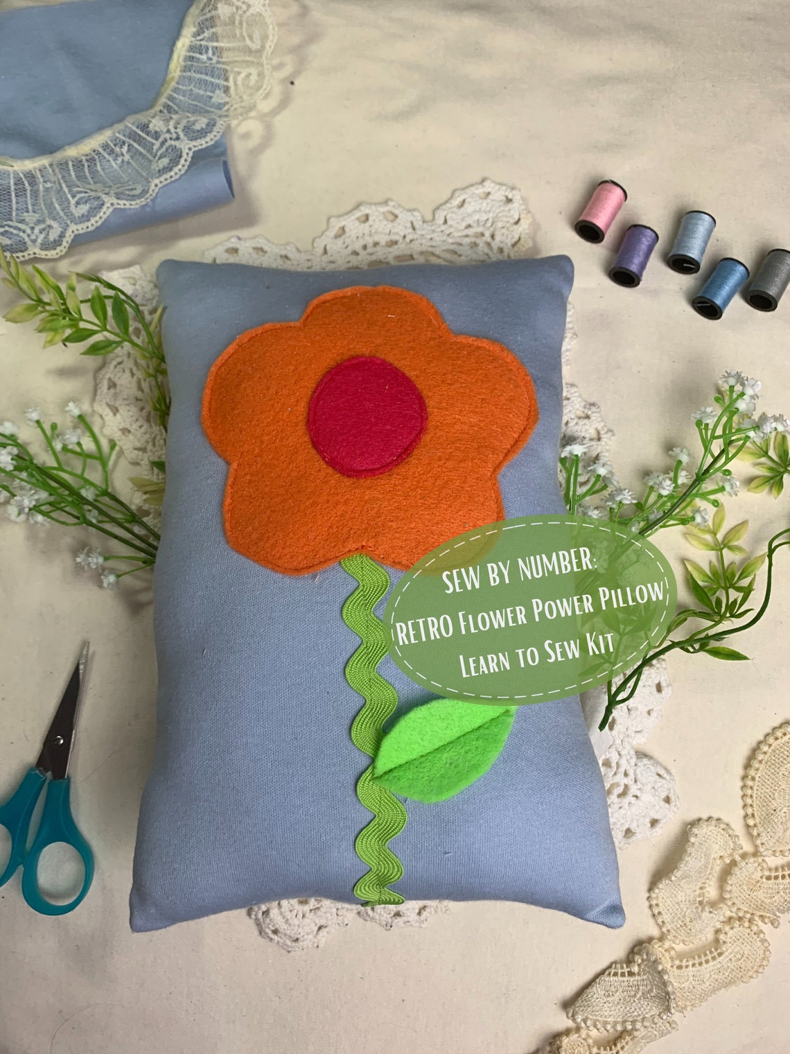 SEW BY NUMBER Learn to Sew Kit, Retro Flower Power Pillow Beginner ...