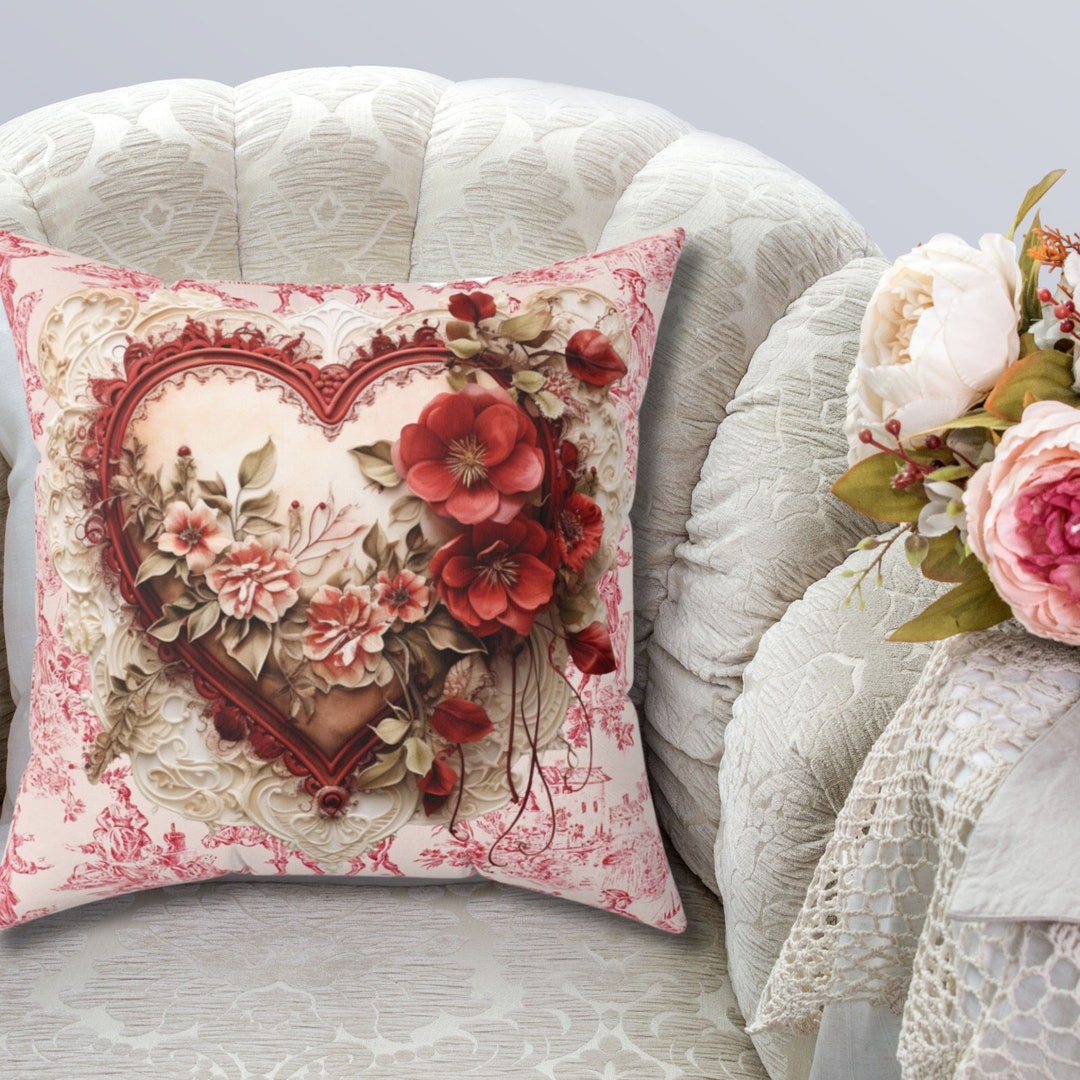 Red and White Toil Victorian Valentine's Day Pillow Floral Heart Lace ...