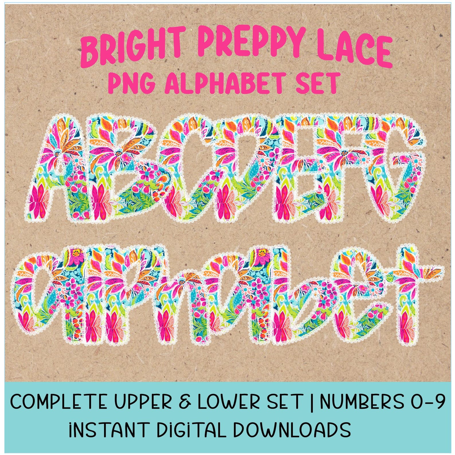 Bright Preppy Lace Trim PNG Alpha Set | Floral Alphabet PNG | Summer ...
