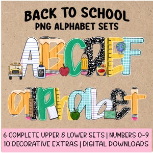 Back to School PNG Alphabet Bundle | 6 School Alpha Sets | Digital ...