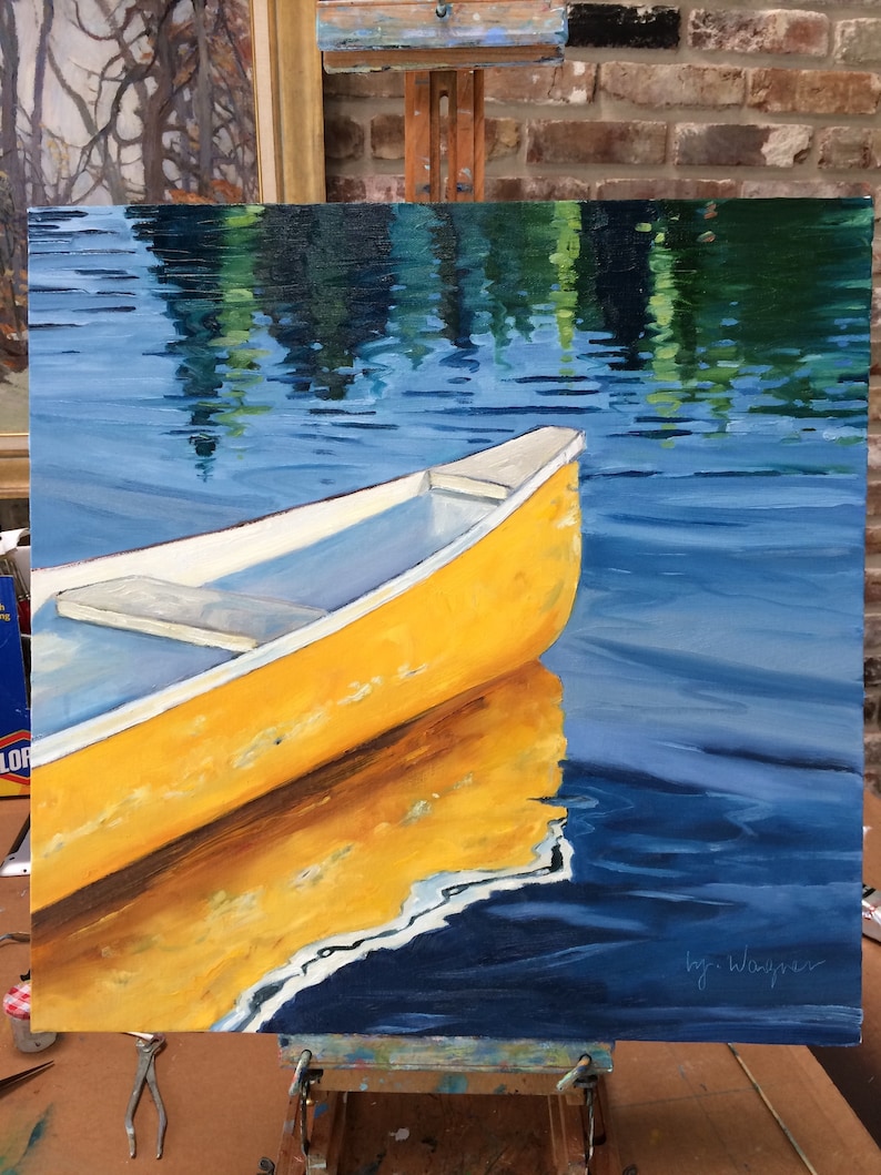 Yellow Canoe Oil Painting on Canvas: Lake Cottage Art (20" X 20") - Etsy