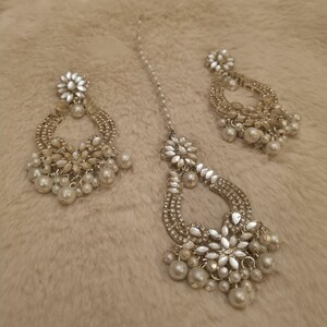 TARA Tikka and Earrings Set, (three Piece) Silver and Pearl South Asian ...