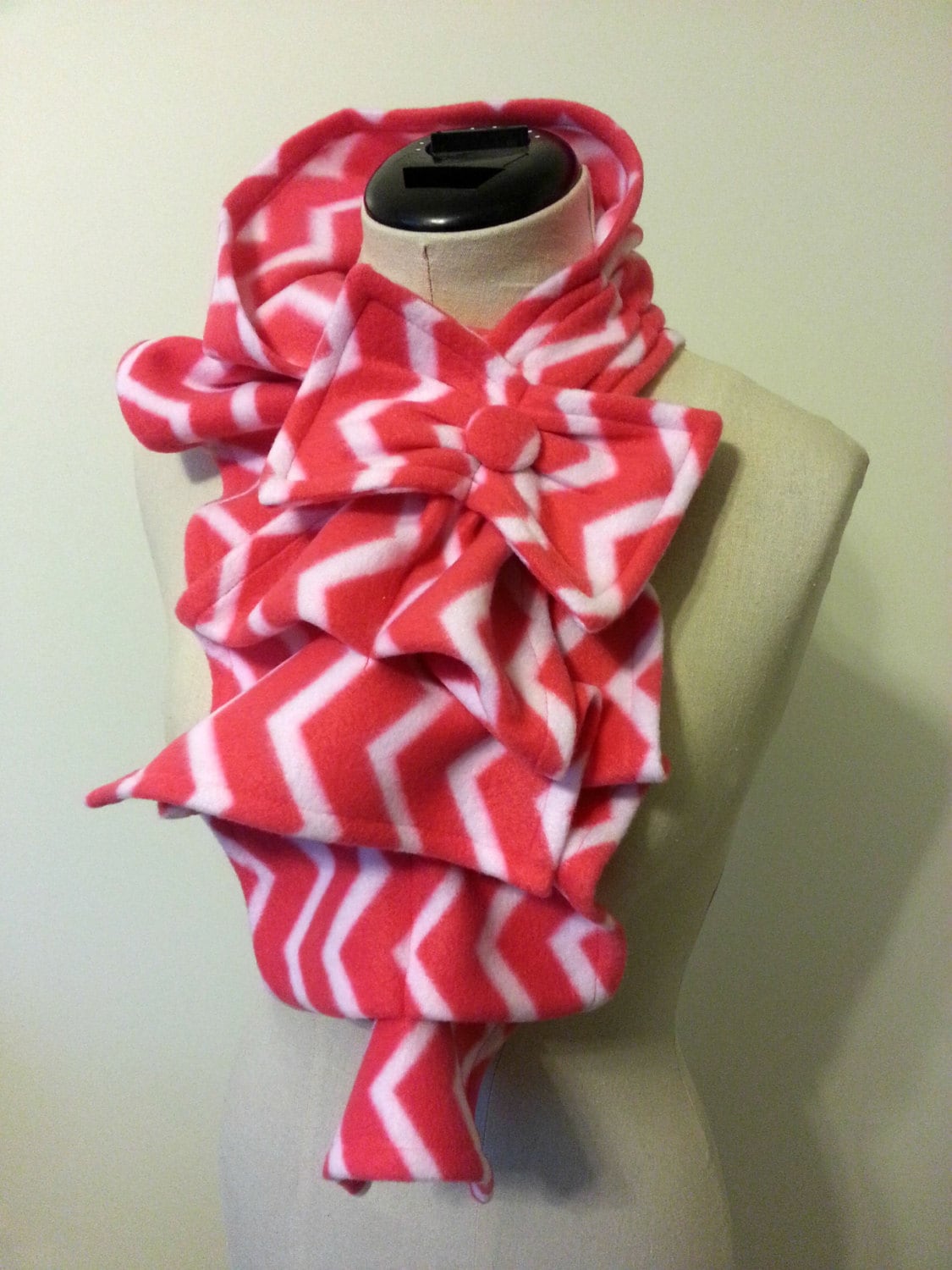 Ruffled Bow Scarf Fleece Chevron Print Coral-pink and White Made-to ...