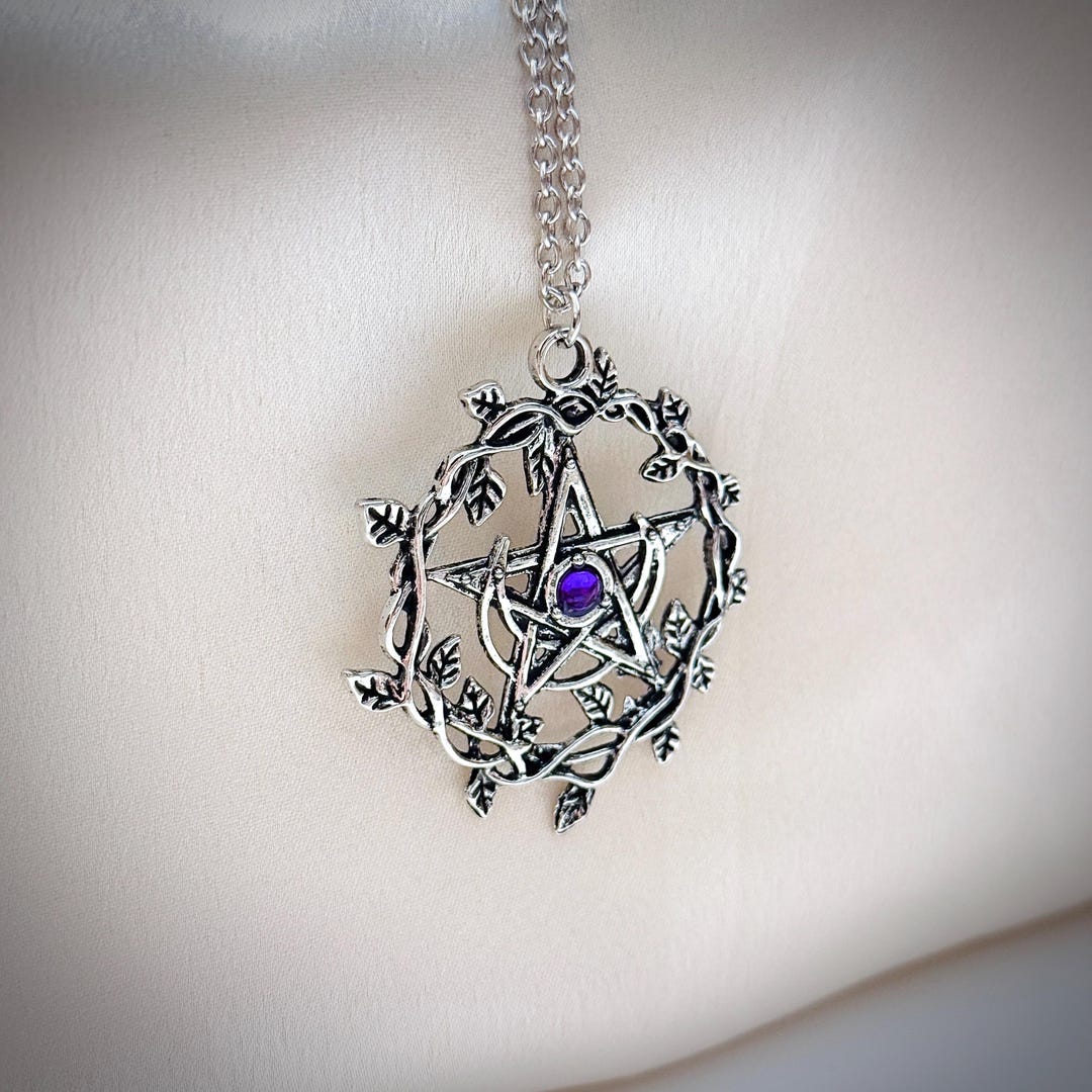 Wiccan Pentacle Necklace: Amethyst Crystal, Silver Vine Star Talisman ...