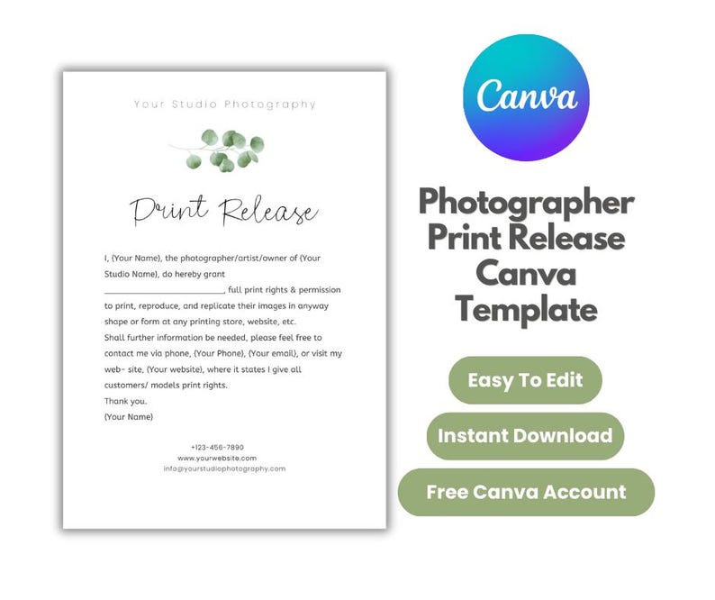 Photo Print Release Form for Photography Clients Editable Canva ...
