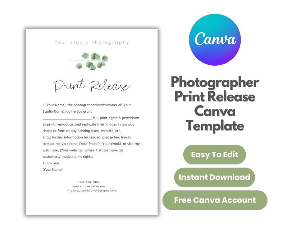 Boho Photography Print Release Form, Editable Canva Template - Etsy