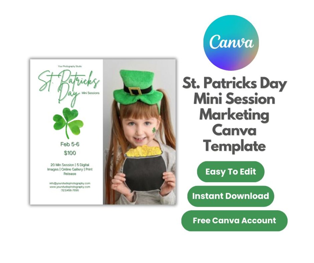 St. Patricks Day Mini Session Marketing Canva Template, St. Patricks ...