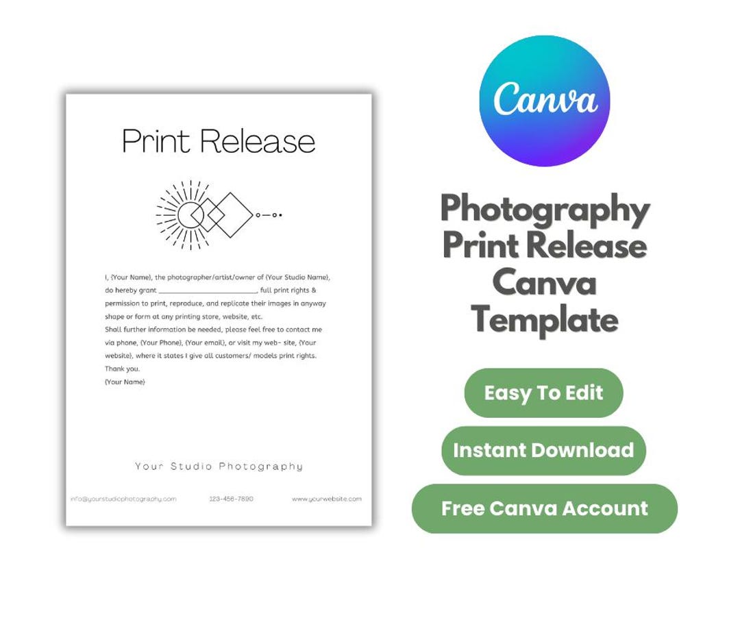 Boho Photography Print Release Form, Editable Canva Template (digital ...