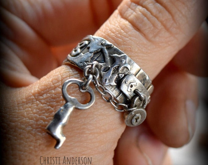 Garden Gate Charm Ring Hinged Padlock Band Lock and Key - Etsy