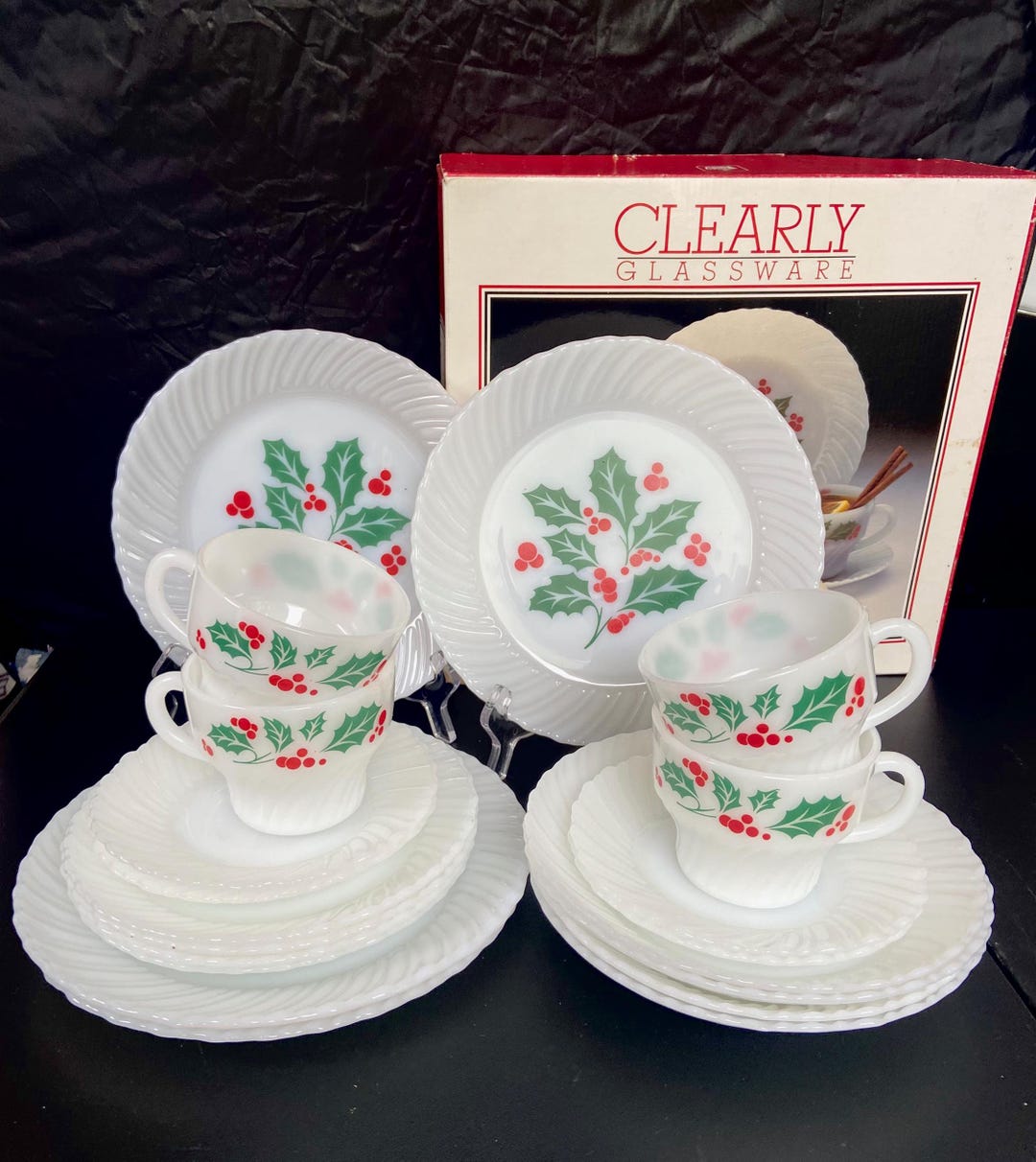 Vintage Termocrisa Milk Glass Dinnerware Collection - Holly Berry ...