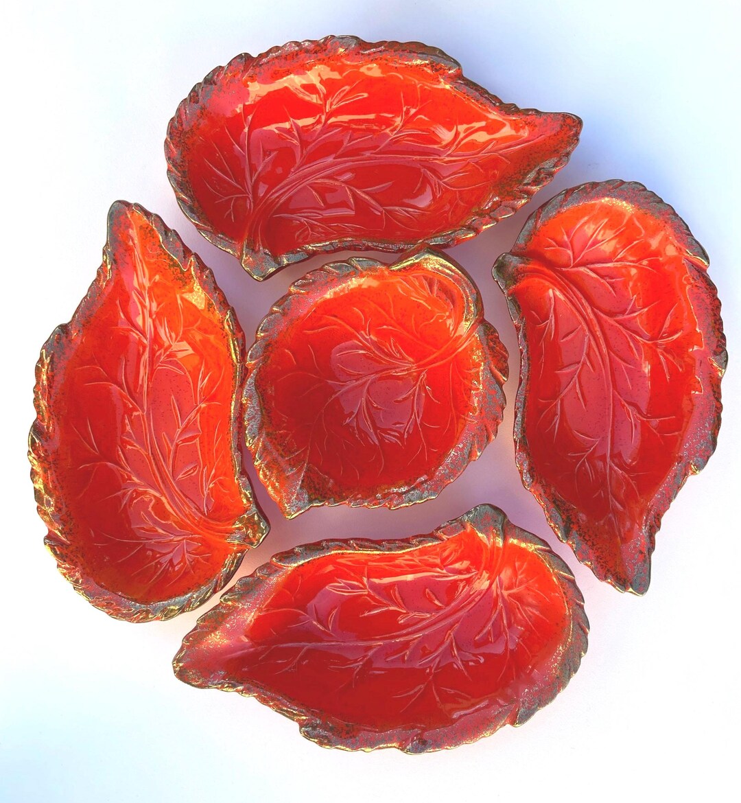 Vintage MCM Red & Gold Leaf Dish Set | California Pottery | Mid Century ...