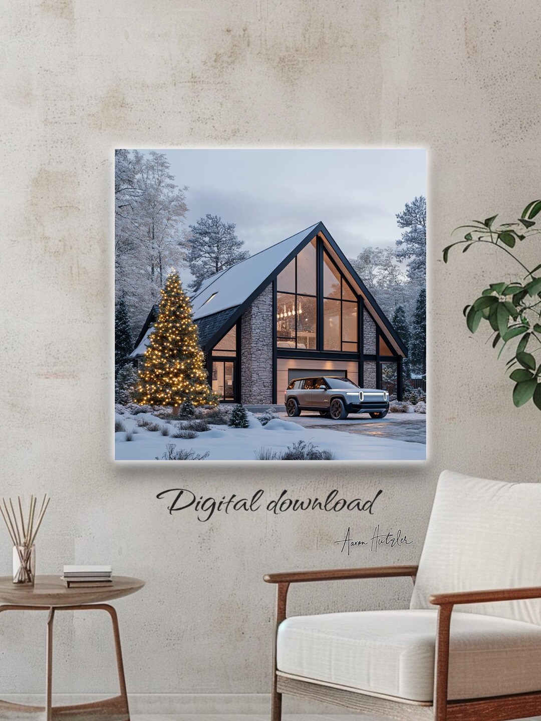 Rivian at Modern A Frame Cabin on Christmas Art 2024 Digital Art Print ...
