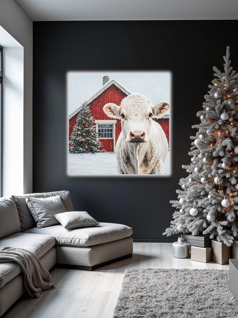 Cow by Christmas Tree and Modern Farm Christmas 2024 Digital Art Print ...